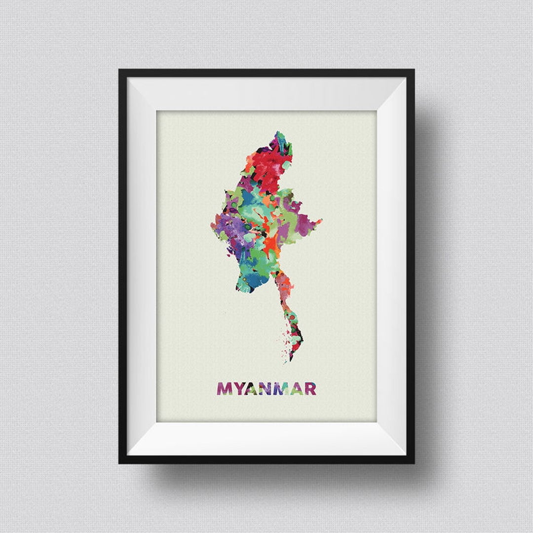 Myanmar Map Watercolor Art Print, Myanmar Watercolor Map, Myanmar Map ...