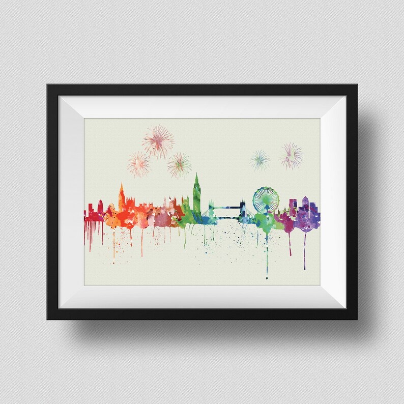 London Skyline Rainbow Watercolor Map Art Print London Skyline United ...