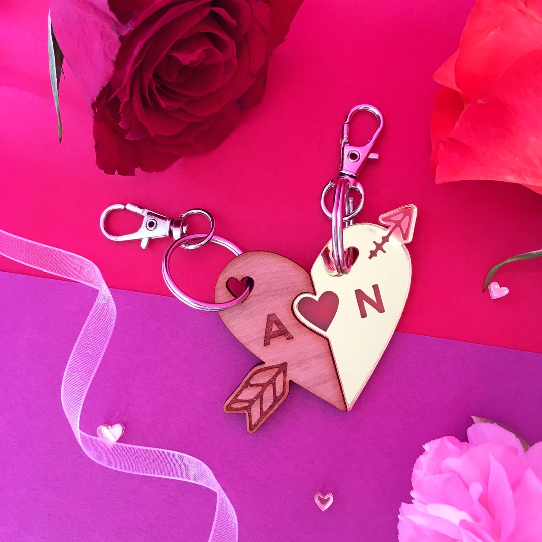 Personalised Valentines Love Heart Two Tone Keyring, Cupid's Heart ...