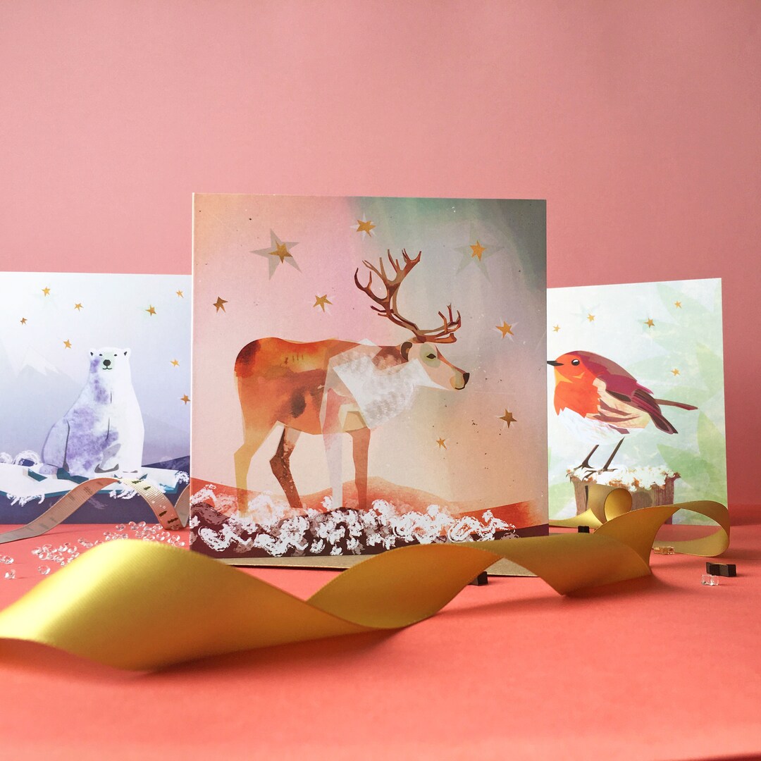 Tarjetas navideñas ilustradas de animales: reno, oso polar y petirrojo ...