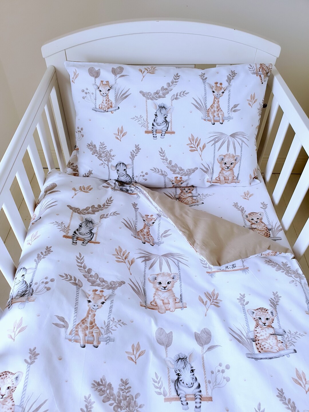 Beige Jungle Animals Cot Bed Duvet Cover Set, Fitted Sheet, Baby ...