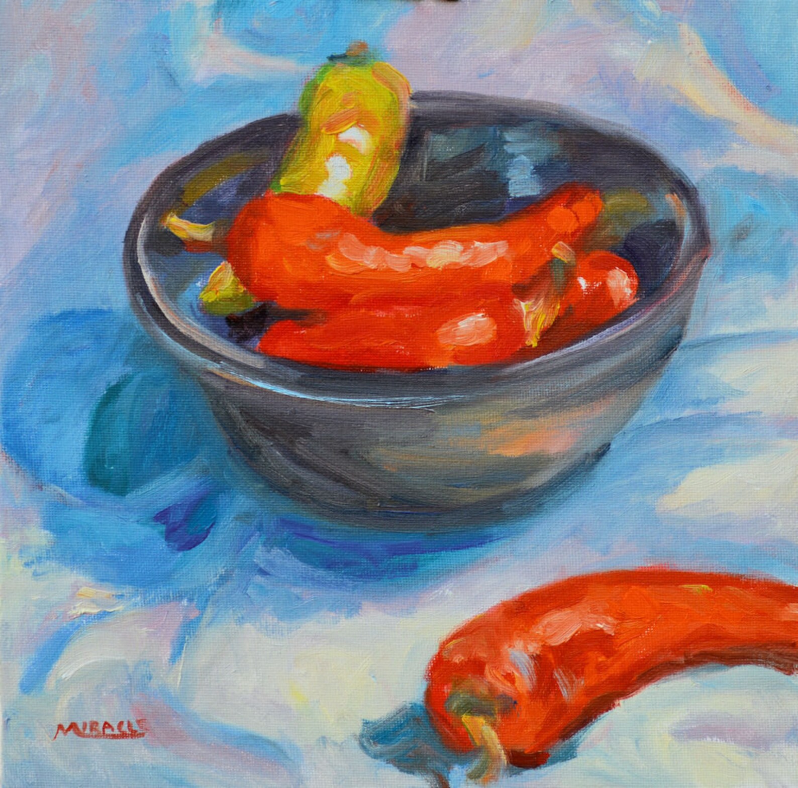 Hot Peppers in Black Bowl, Original, Oil Painting, Canvas Board ...