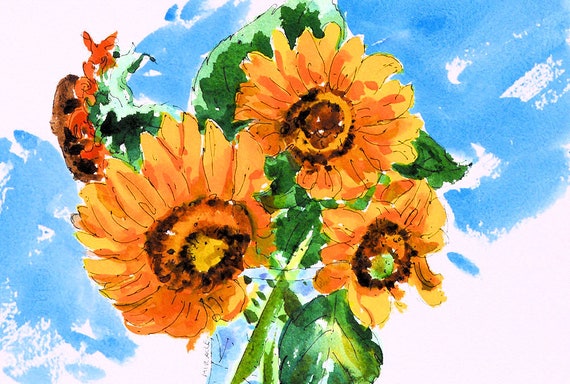Sunflowers Original Painting Watercolor Pen and Ink | Etsy