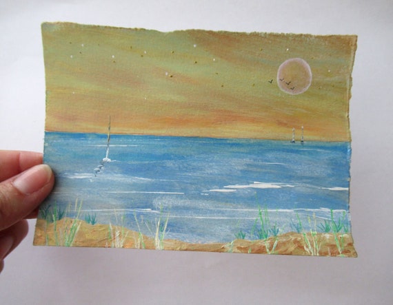 Pretty Hand-painted Vintage Map Ocean Landscape and Moon | Etsy