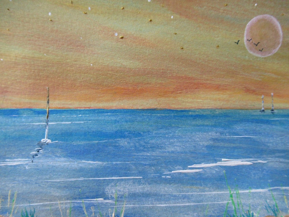 Pretty Hand-painted Vintage Map Ocean Landscape and Moon | Etsy