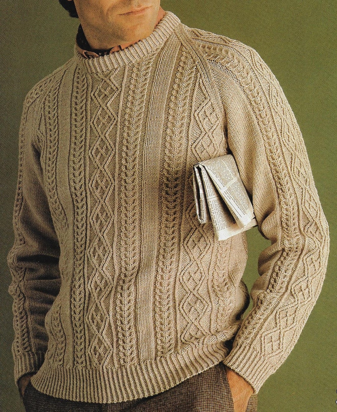 Men's Aran Style Sweater Knitting Pattern 5 Ply Yarn or Wool Sizes 14 ...