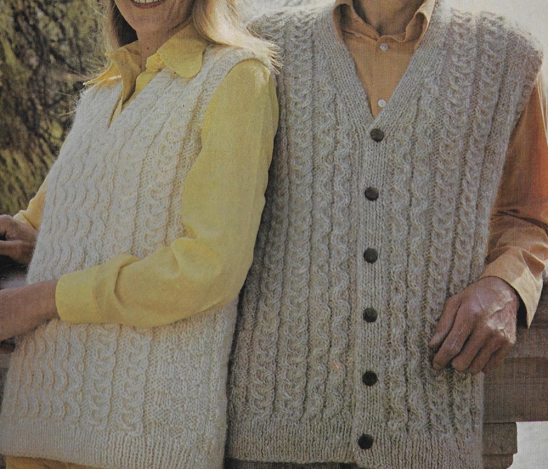 Men & Women's Cable Slipover Waistcoat Vest Knitting Pattern Chunky ...