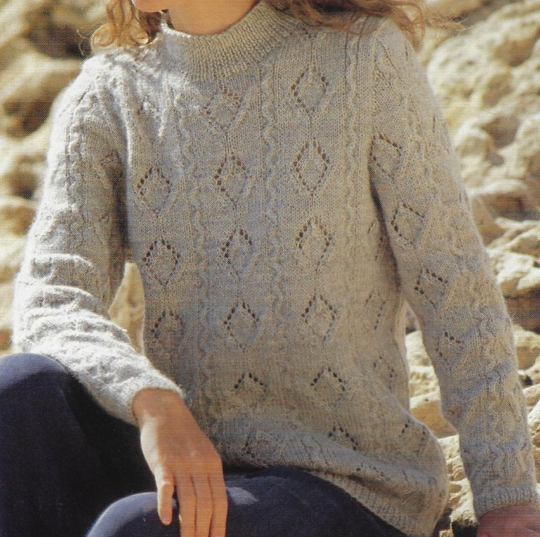 Women's Diamond Lace Sweater Knitting Pattern DK 8 Ply Yarn or Wool 32 ...