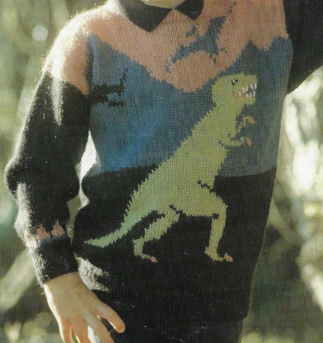 Child's Dinosaur Sweater Knitting Pattern 10 Ply Yarn or Wool 24-34 ...