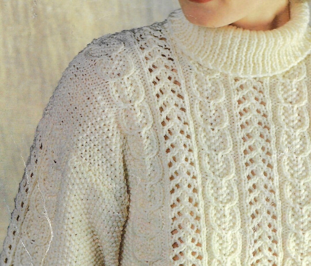 Women's Lace & Cable Polo Neck Sweater Knitting Pattern DK 8 Ply Wool ...