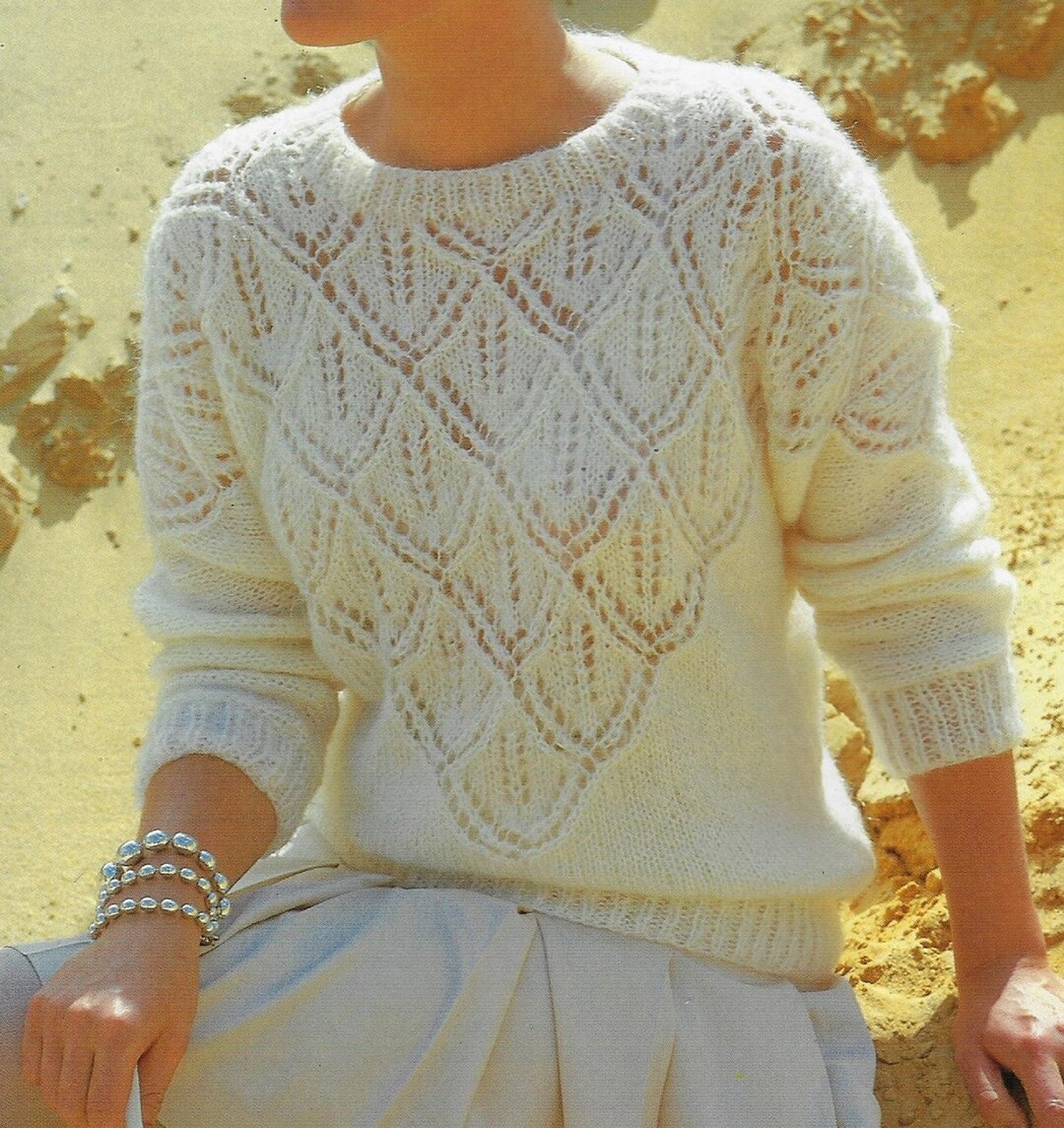 Women's Lacy Front & Back Sweater Knitting Pattern 12 Ply Triple Chunky ...