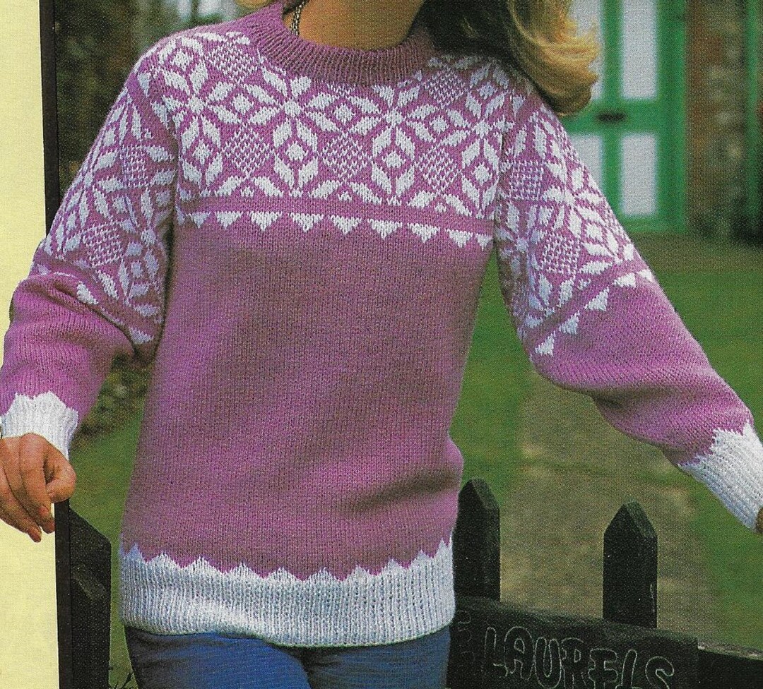 Women's Snowflake Square Yoke Sweater Knitting Pattern DK 8 Ply Yarn or ...