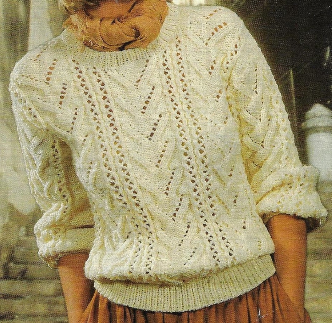 Women's Lacy Sweater Knitting Pattern 10 Ply Aran Yarn or Wool 32-42 ...