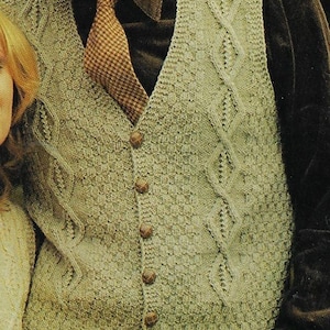 Men & Women Aran Waistcoat Vest Vintage Knitting Pattern DK 8 Ply Yarn ...