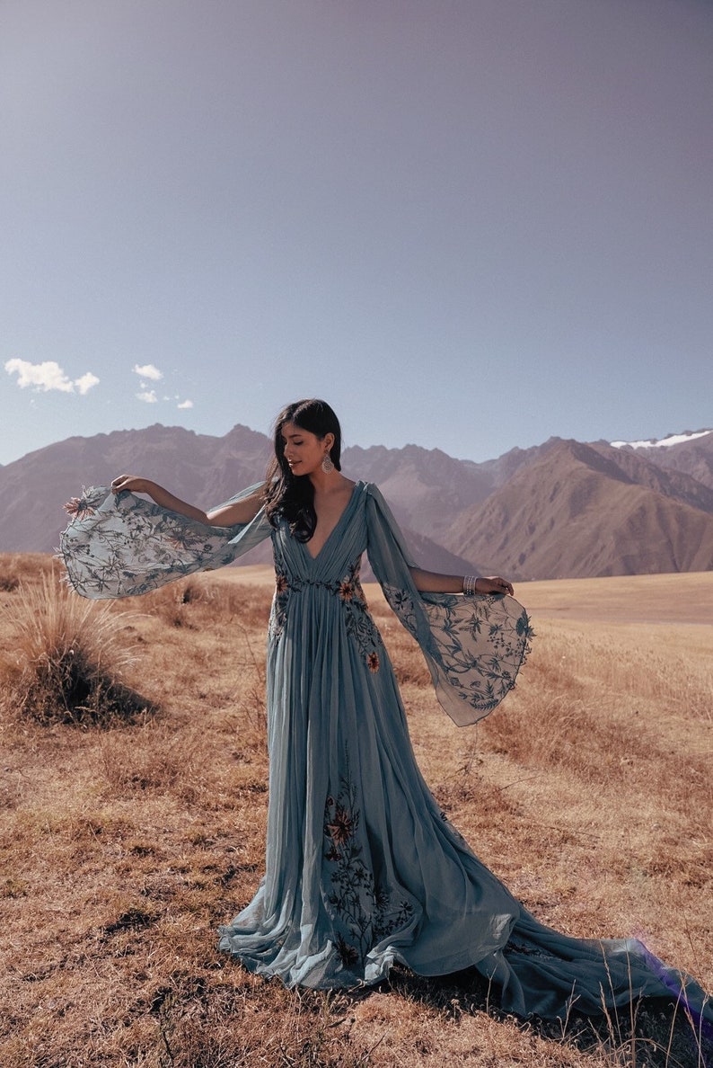 MEADOW - Color Embroidery Wedding Dress, Long Sleeves Bridal Gown, Teal ...