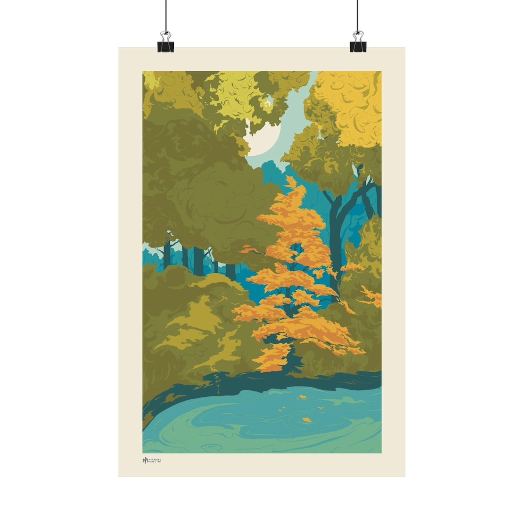 Vertical Poster, Japanese Maple Tree Forest River Bank Wall Art Print ...
