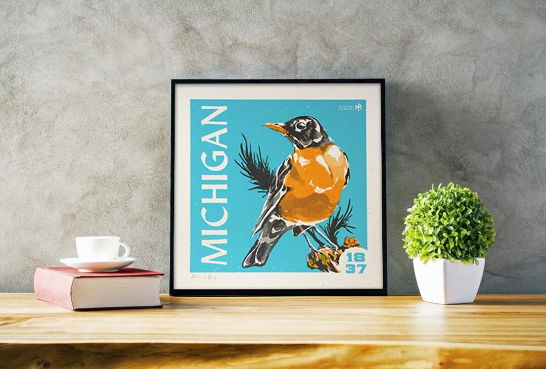8x8 Michigan State Robin Stamp Silk Screen Art Print - Etsy
