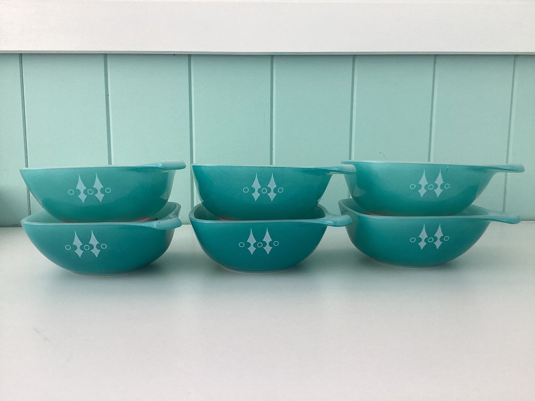 Rare and Hard to Find Crown Agee Pyrex Ramekins Turquoise With White ...