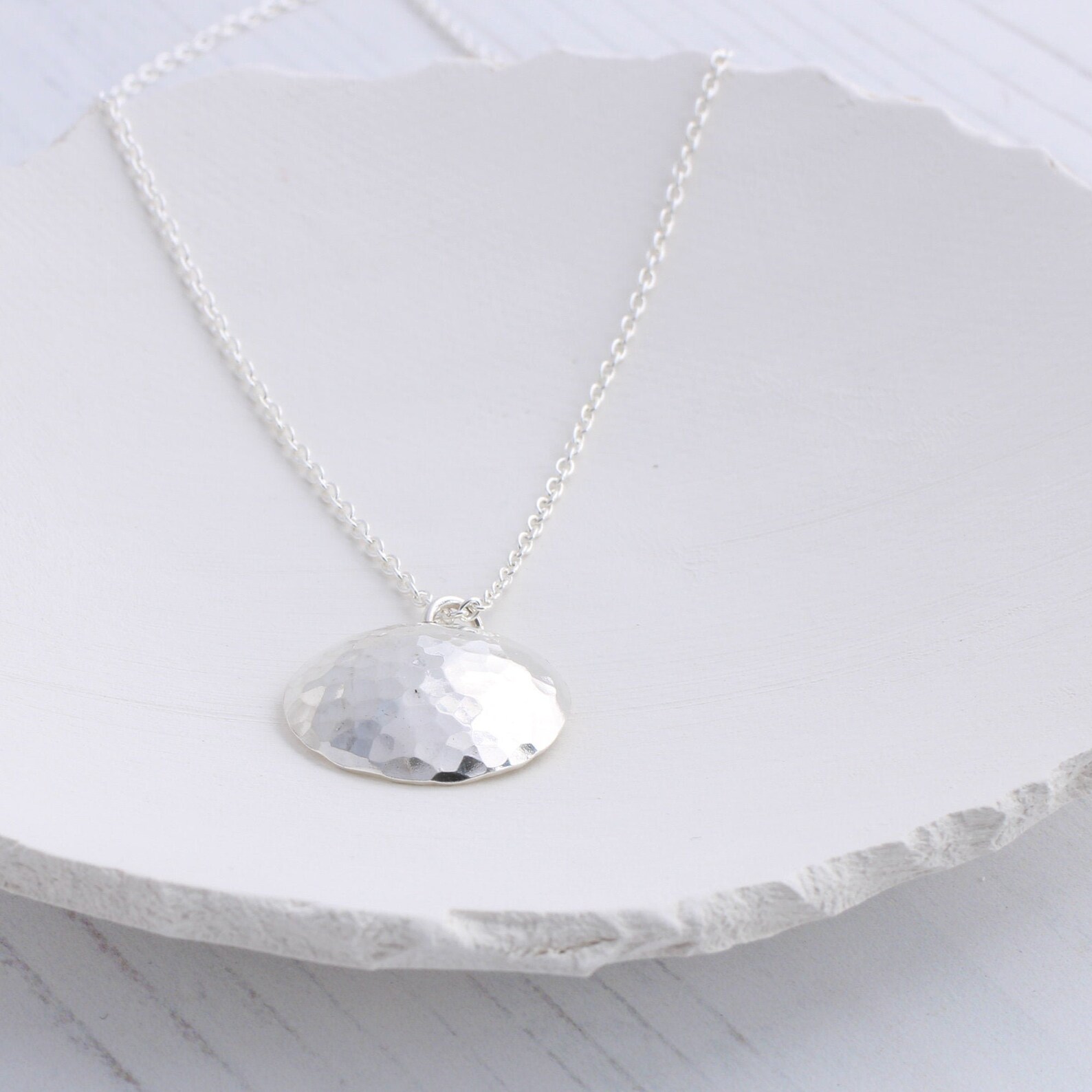 Simple Silver Necklace for Women Hammered Silver Pendant | Etsy UK