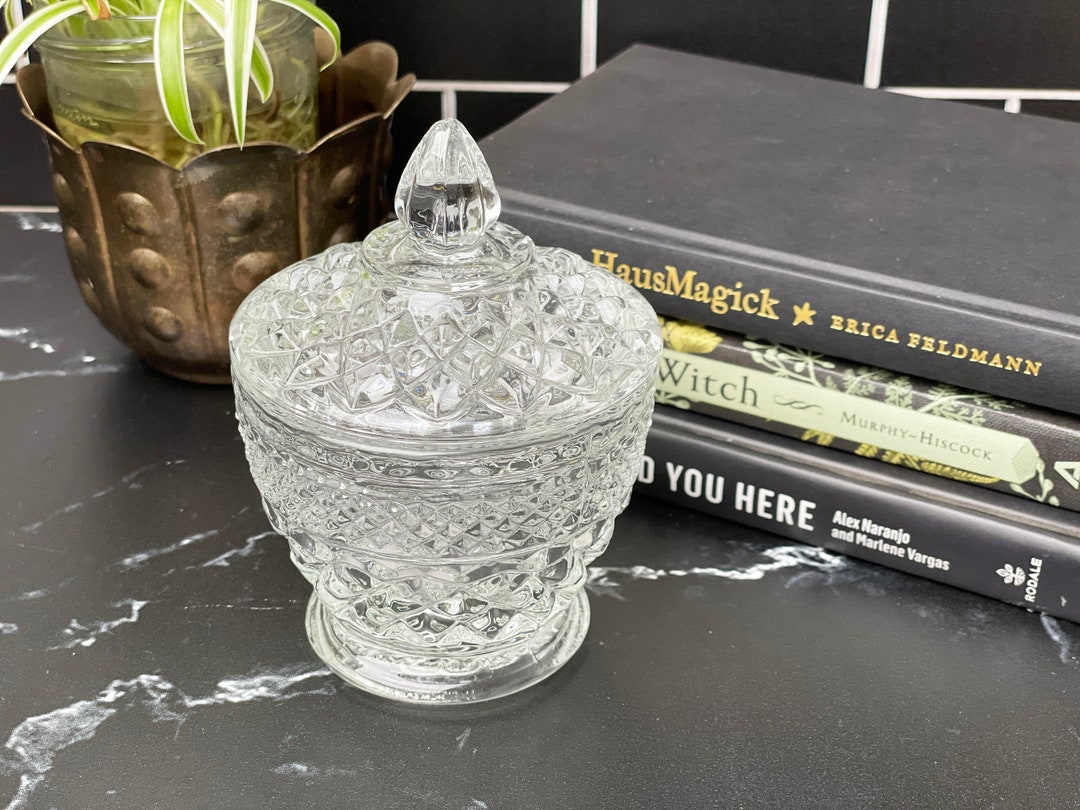 Vintage Clear Cut Glass Bowl With Lid Witch Herbal Apothecary Glass Container Altar Offering