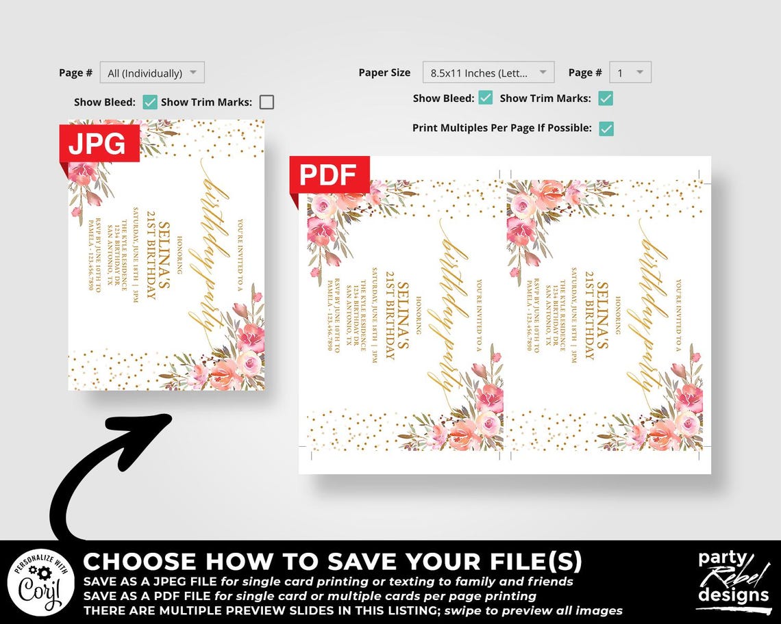 Editable Boho Peach Floral Birthday Invitation Template, Instant ...