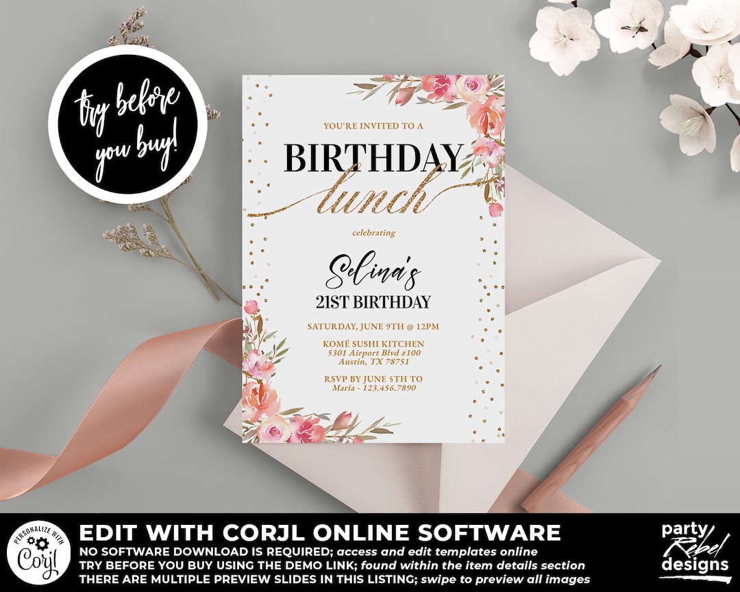 Birthday Lunch Invitation, Floral Birthday Invitation, Watercolor ...