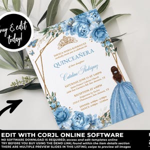 Cinderella Baby Blue Floral Quinceañera Invitation Editable Instant ...