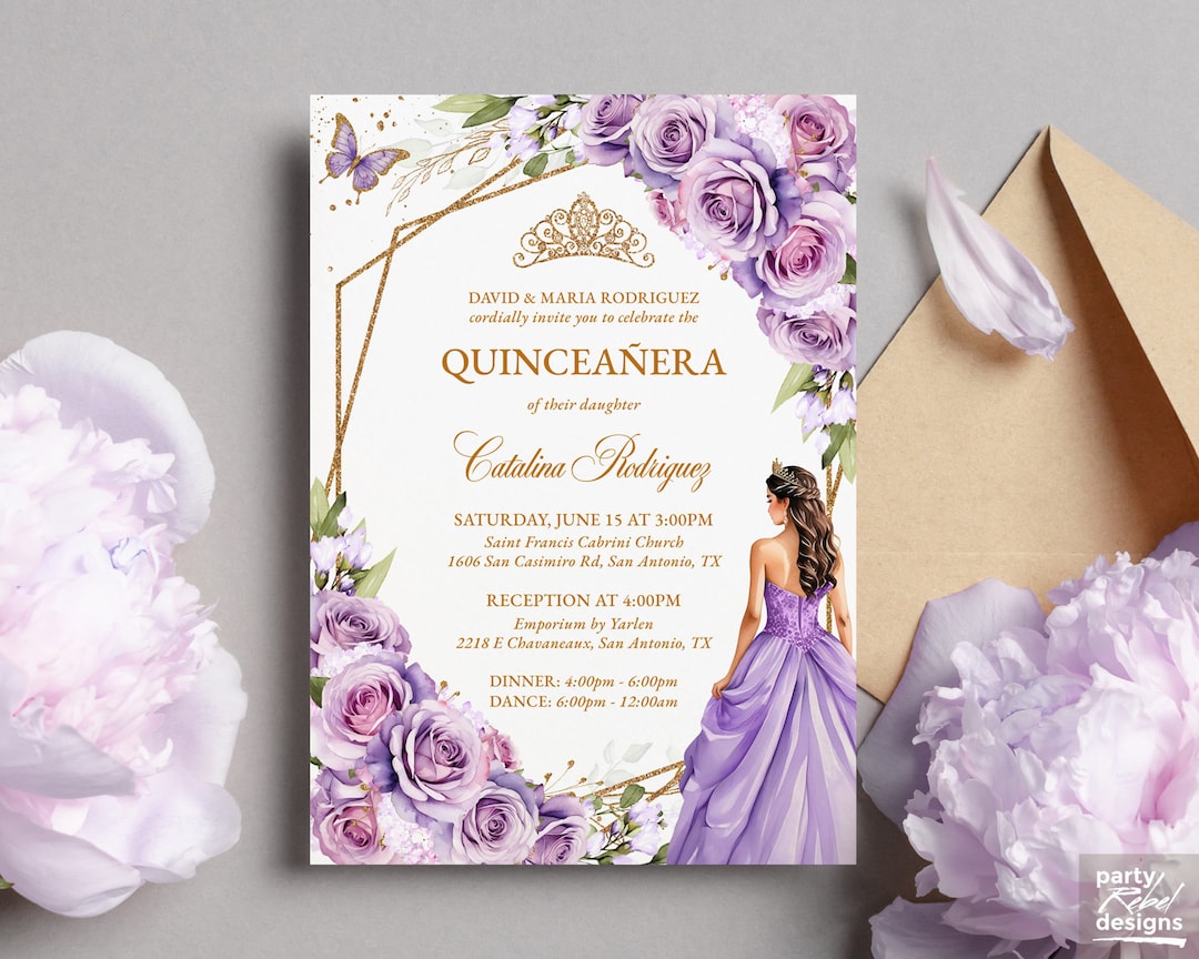 Lavender Purple Floral Quinceañera Invitation Template, Mis Quince ...