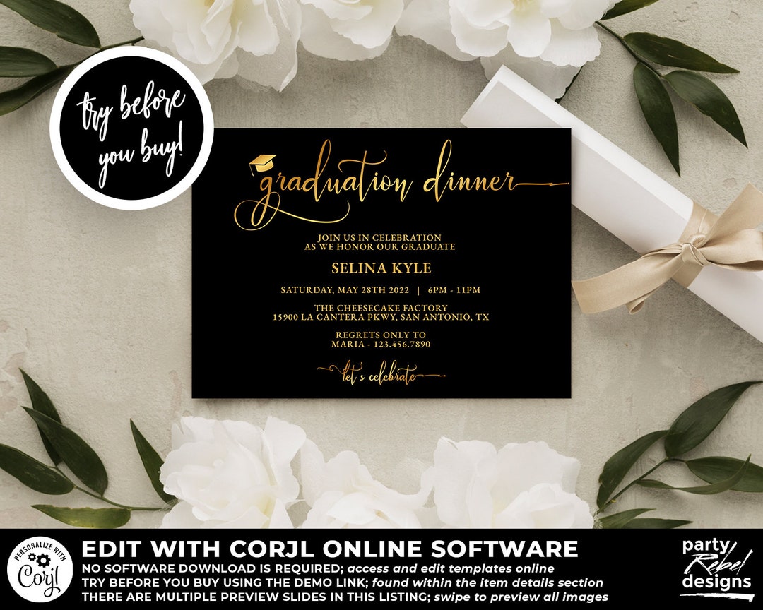 Graduation Dinner Invitation Template, Printable Graduation, Black and ...