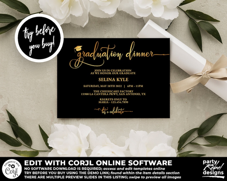 Graduation Dinner Invitation Template, Printable Graduation, Black and ...