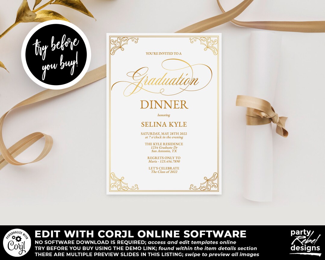 Gold Graduation Invitation Template, Black and Gold Graduation Party ...