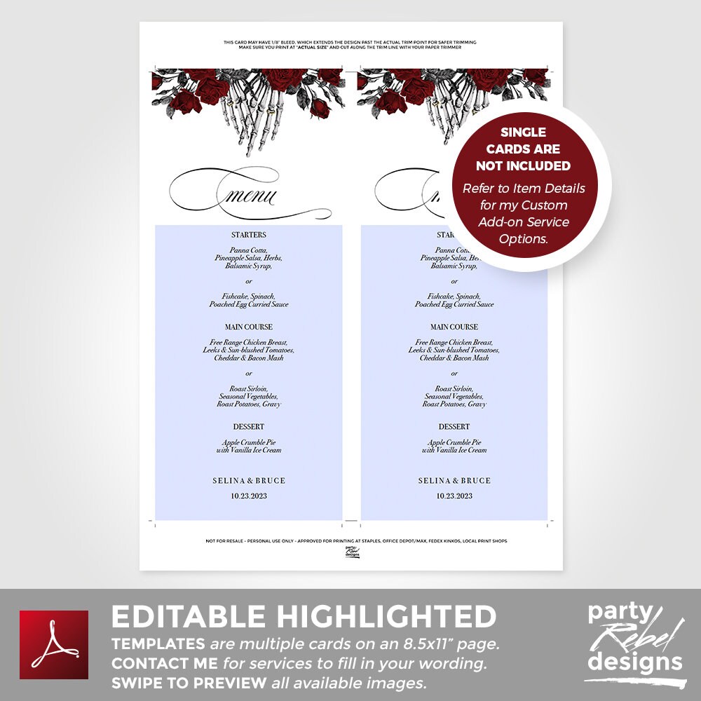Vintage Gothic Wedding Menu Instant Download Invitation - Etsy