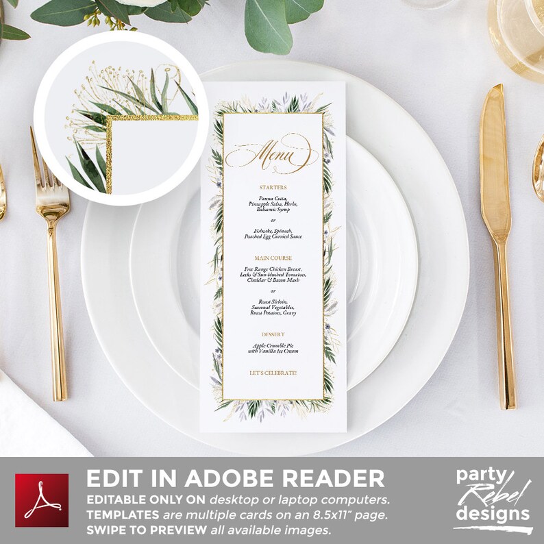 Greenery Menu Instant Download Template Floral Menu Dinner - Etsy