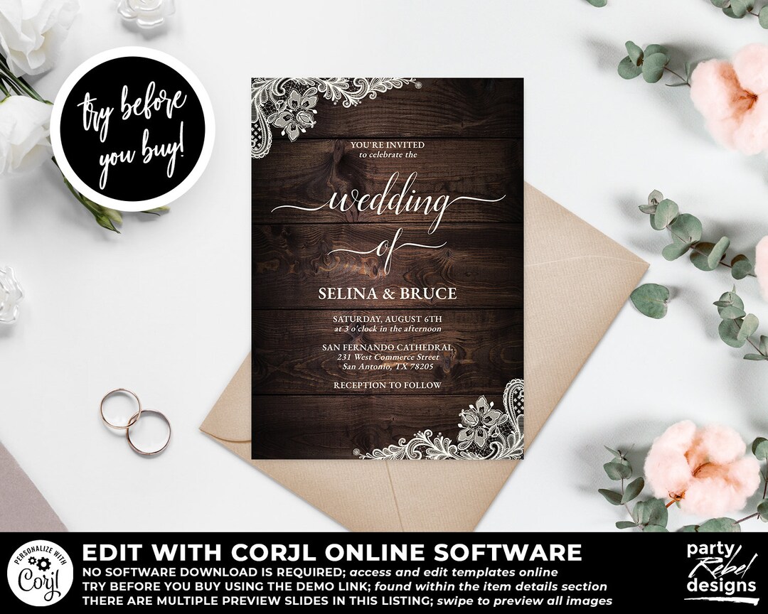 Rustic Wedding Invitation Instant Download, Lace Wedding Invitations ...