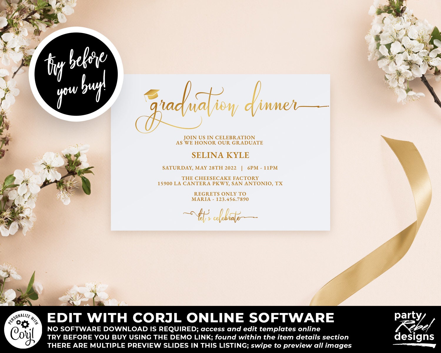 Gold Graduation Dinner Party Invitation Printable Template - Etsy