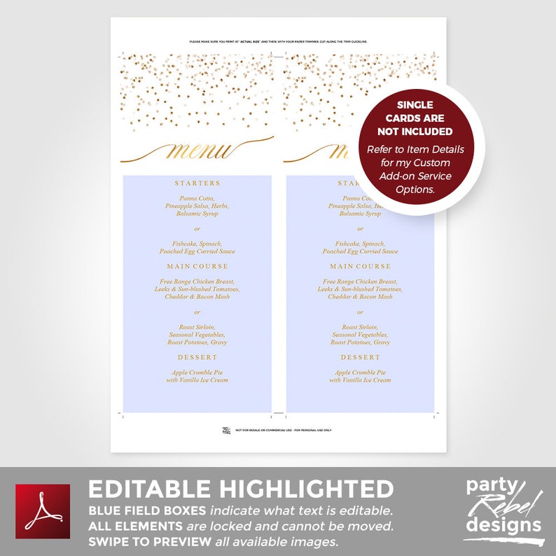 Gold Menu Card Instant Download Template Gold Bridal Shower - Etsy