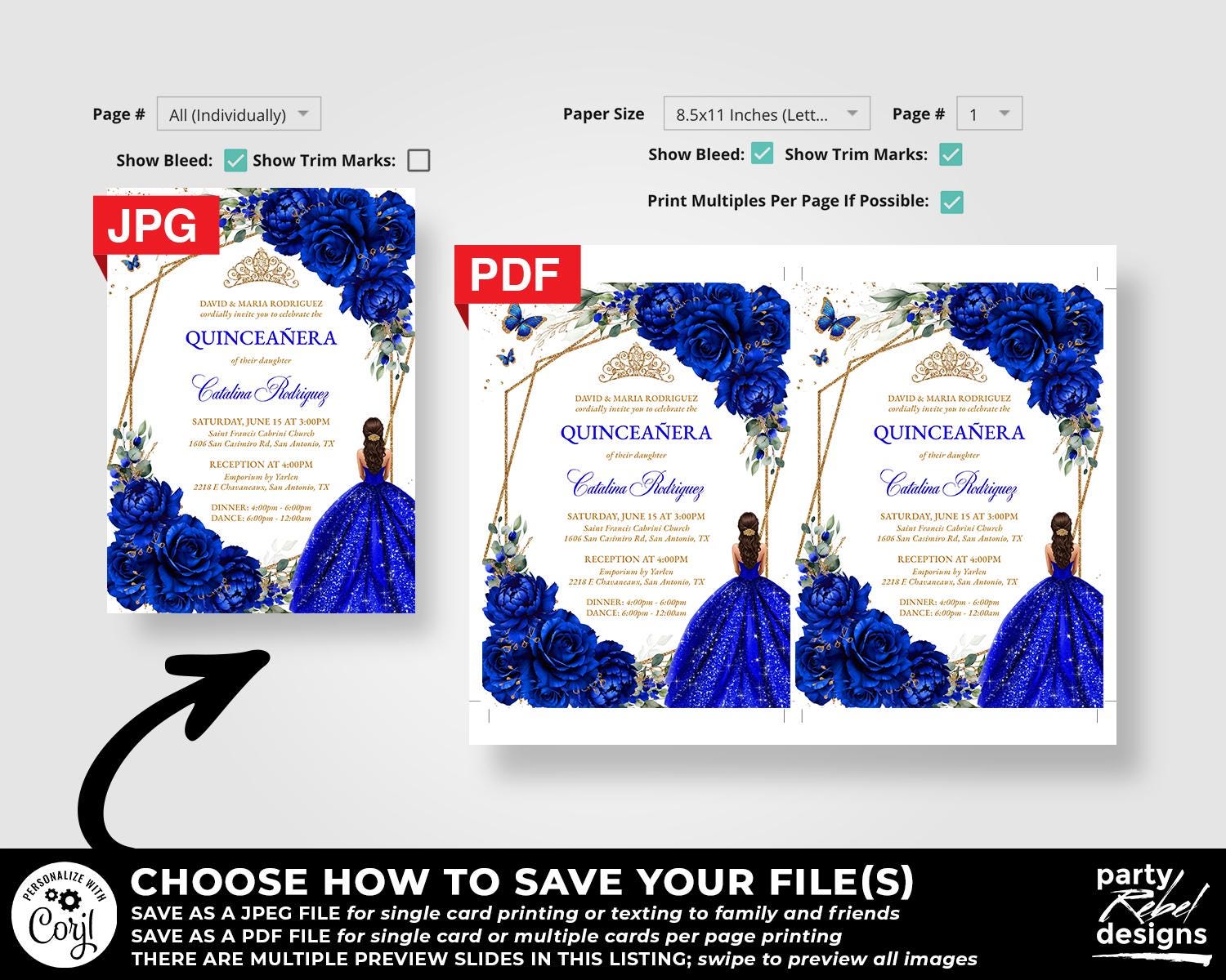 Royal Blue Floral Quinceañera Invitation, Editable Template, Gold Sweet ...