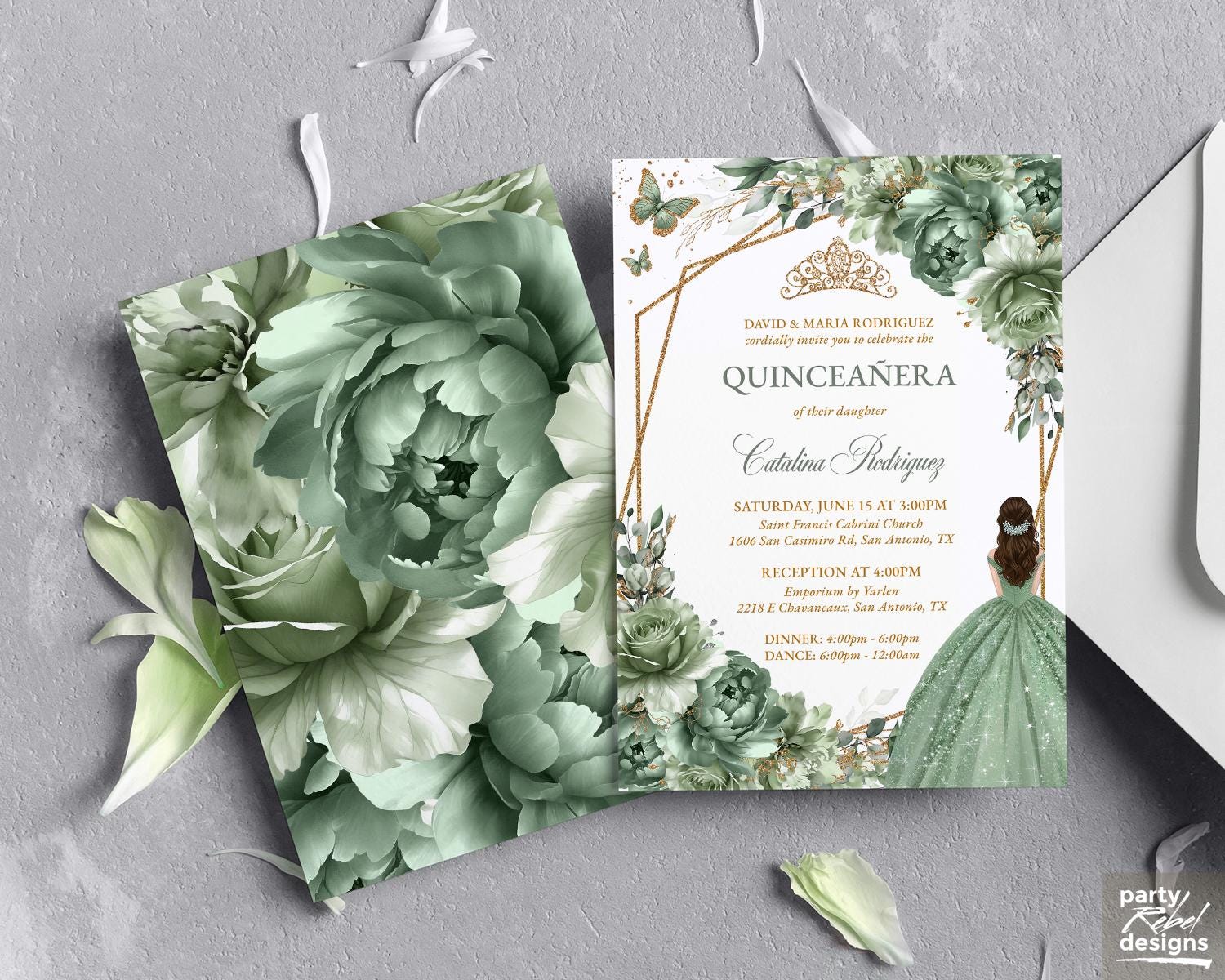 Editable Sage Green Gold Floral Quinceañera Invitation, Floral Sweet 16 ...