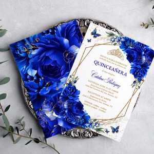 Royal Blue Floral Quinceañera Invitation Editable Instant Download ...