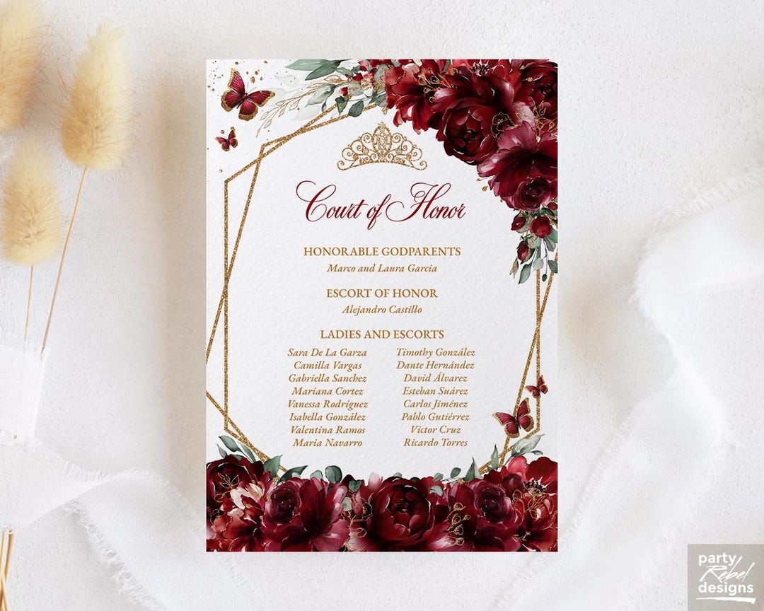 Burgundy Red & Gold Floral Quinceañera Court of Honor Editable Template ...