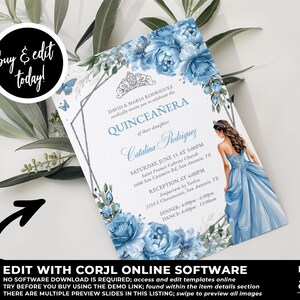 Cinderella Baby Blue Floral Quinceañera Invitation Editable Instant ...