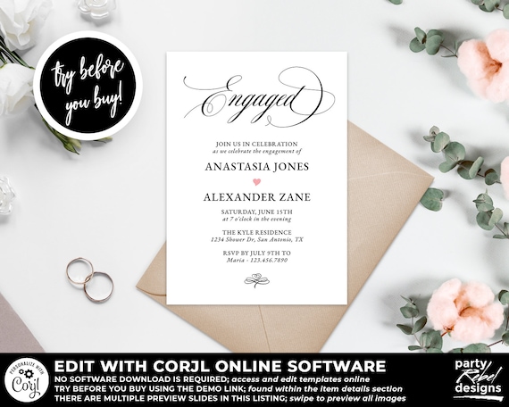 Classic Engagement Invitation Template Save the Date Invitation Engagement Dinner Modern Engagement Invitation Calligraphy Corjl EG01 Etsy