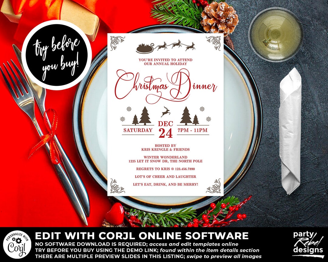 Christmas Dinner Party Invitation, Christmas Dinner Invitation Instant ...