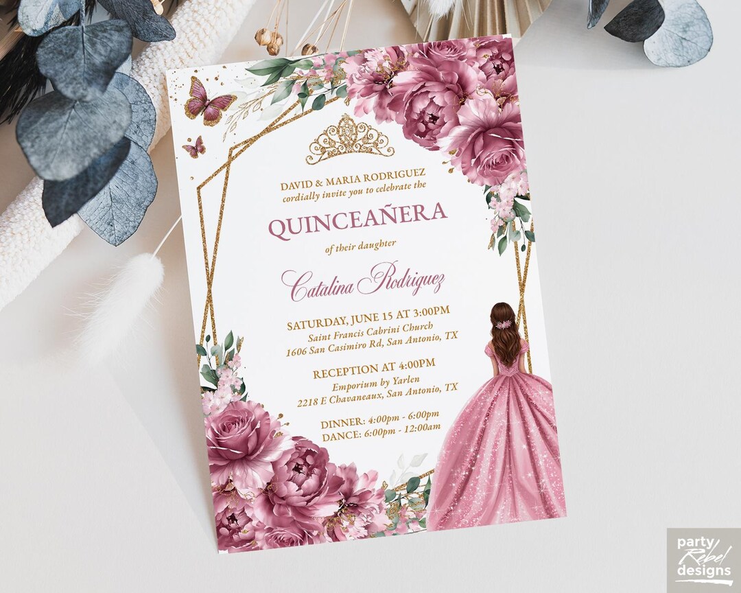 Dusty Rose Gold Floral Quinceañera Invitation, DIY Editable Mis Quince ...