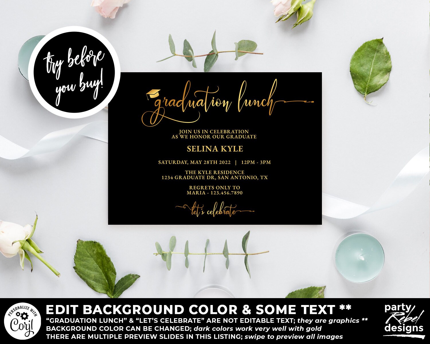 Gold Graduation Lunch Party Invitation Printable Template, Grad Party ...