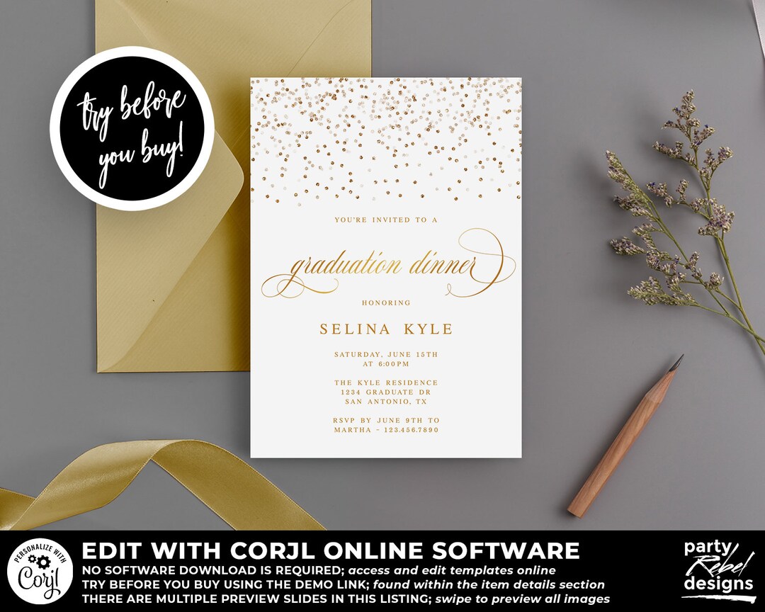 Graduation Dinner Invitation Instant Download Template, Gold Graduation ...
