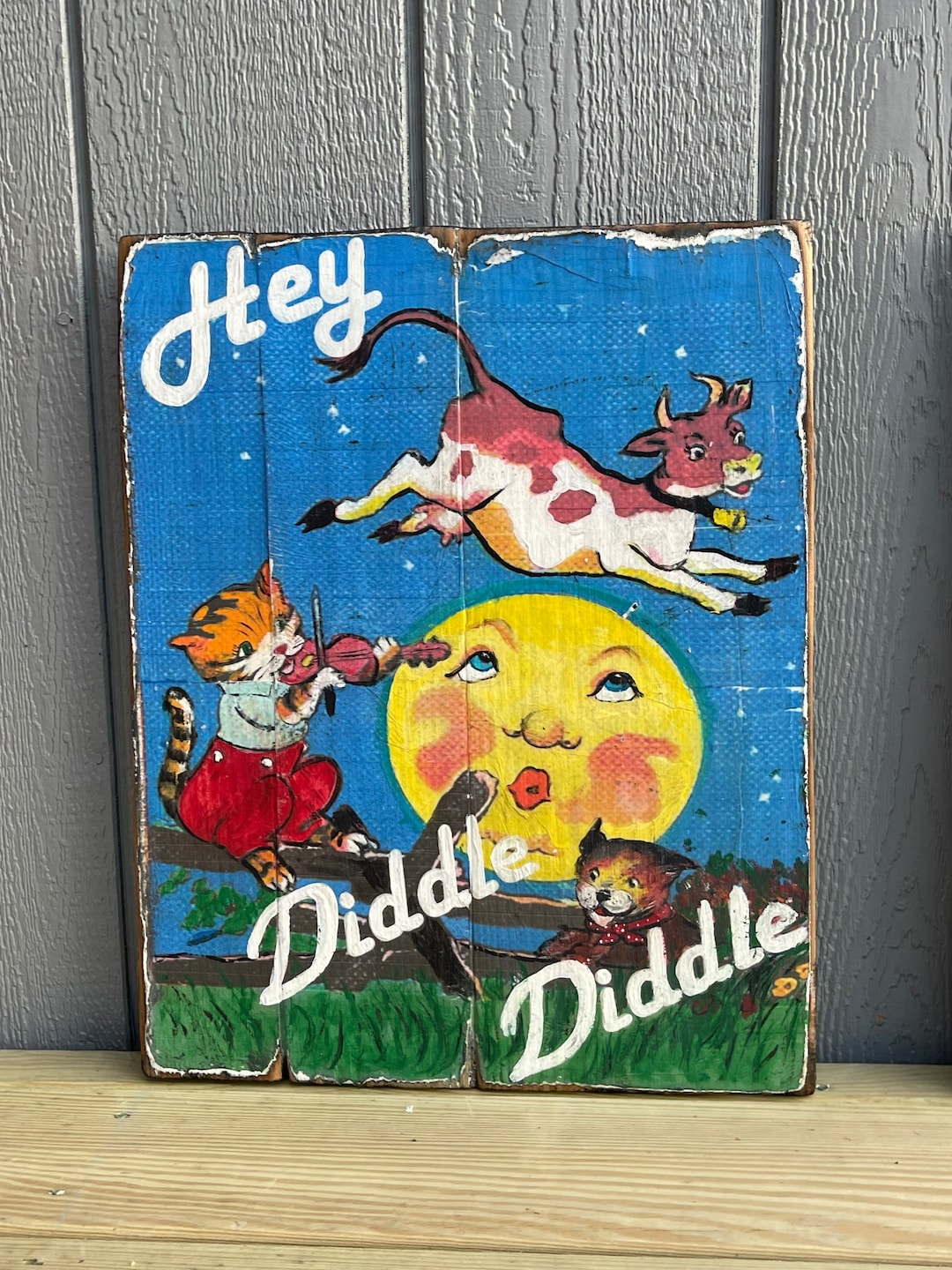 Vintage Wood Nursery Rhyme Sign: Hey Diddle Diddle, Baby Room Decor - Etsy