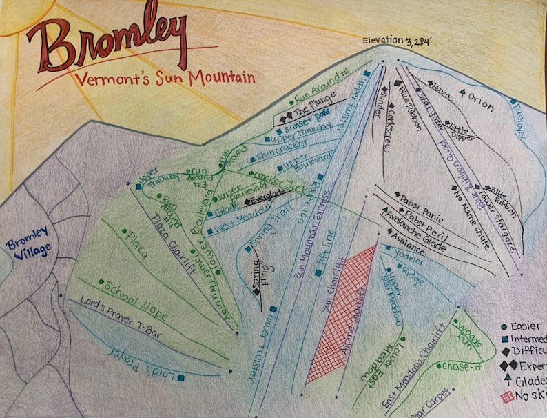 Bromley Mountain Map Hand Drawn - Etsy
