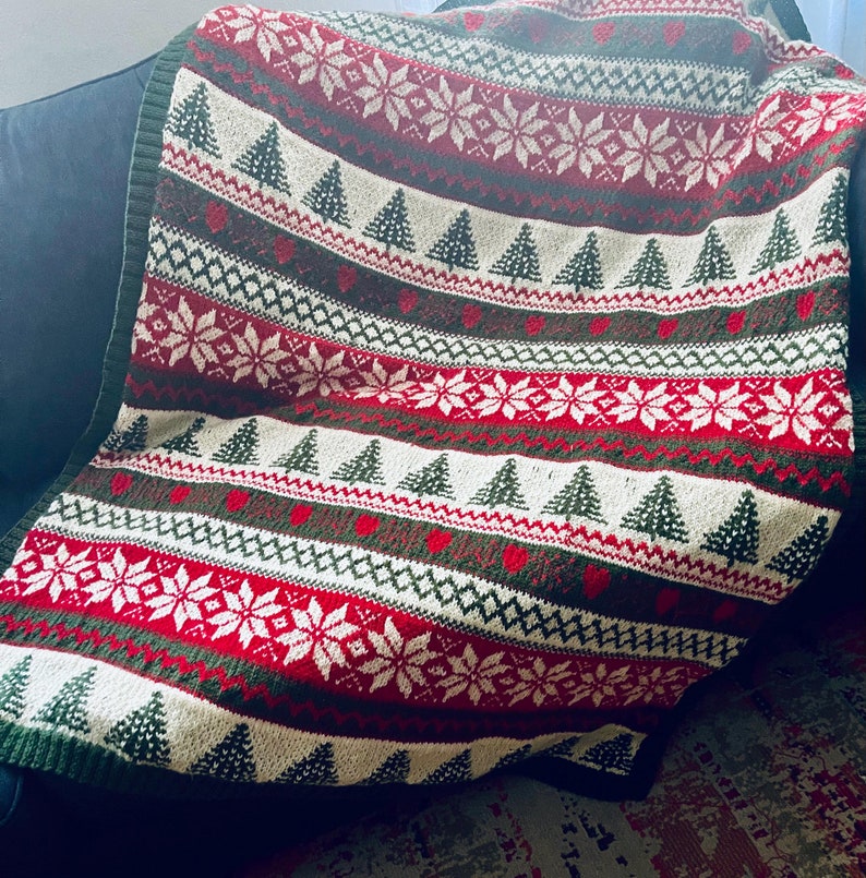 Christmas Throw Blanket, Hand Knit Fair Isle Design, Double Side Throw ...