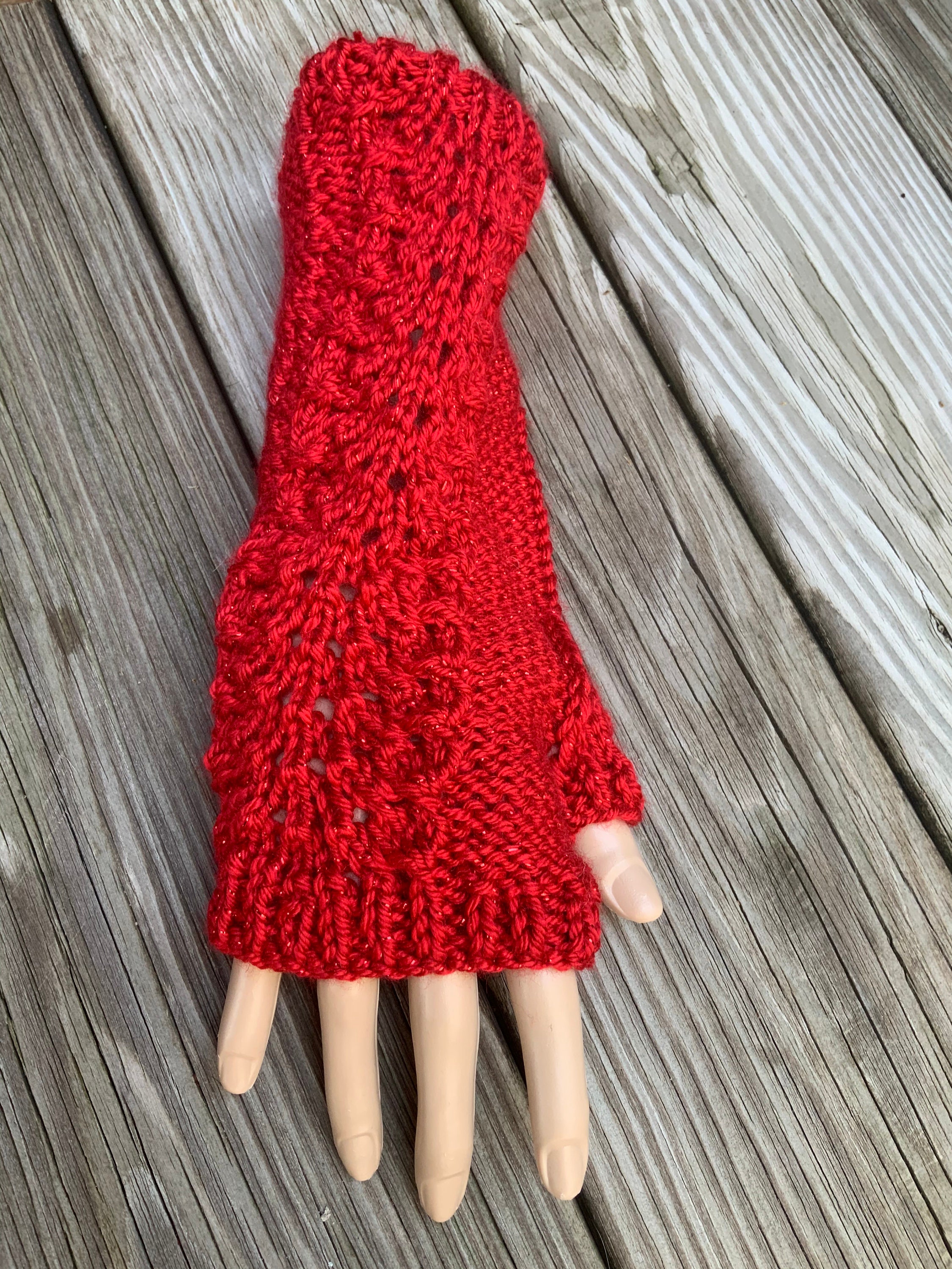 Fingerless Gloves, Knitted Red Gloves , Red and Metallic, Lace Knitted ...